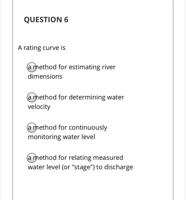 Solved QUESTION 6 A rating curve is a method for estimating | Chegg.com