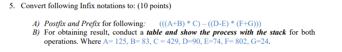 Solved 5. Convert following Infix notations to: (10 points) | Chegg.com