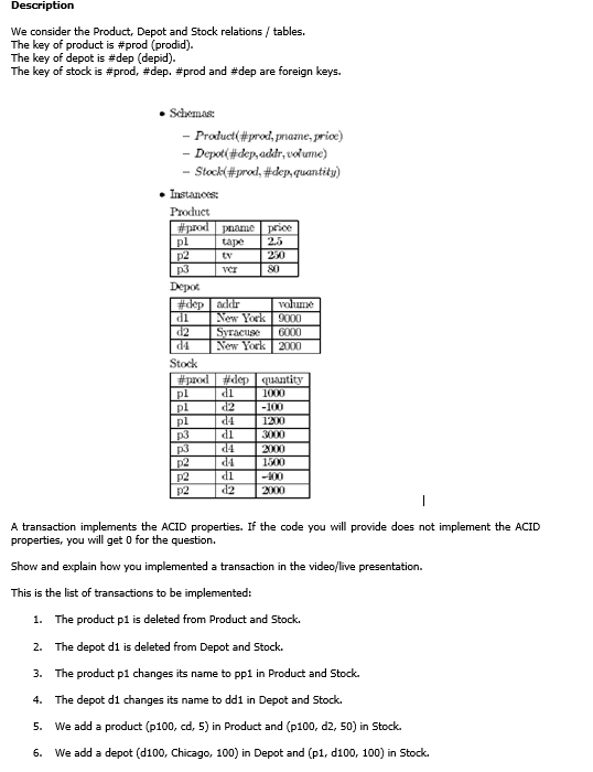 Solved Description We consider the Product, Depot and Stock | Chegg.com