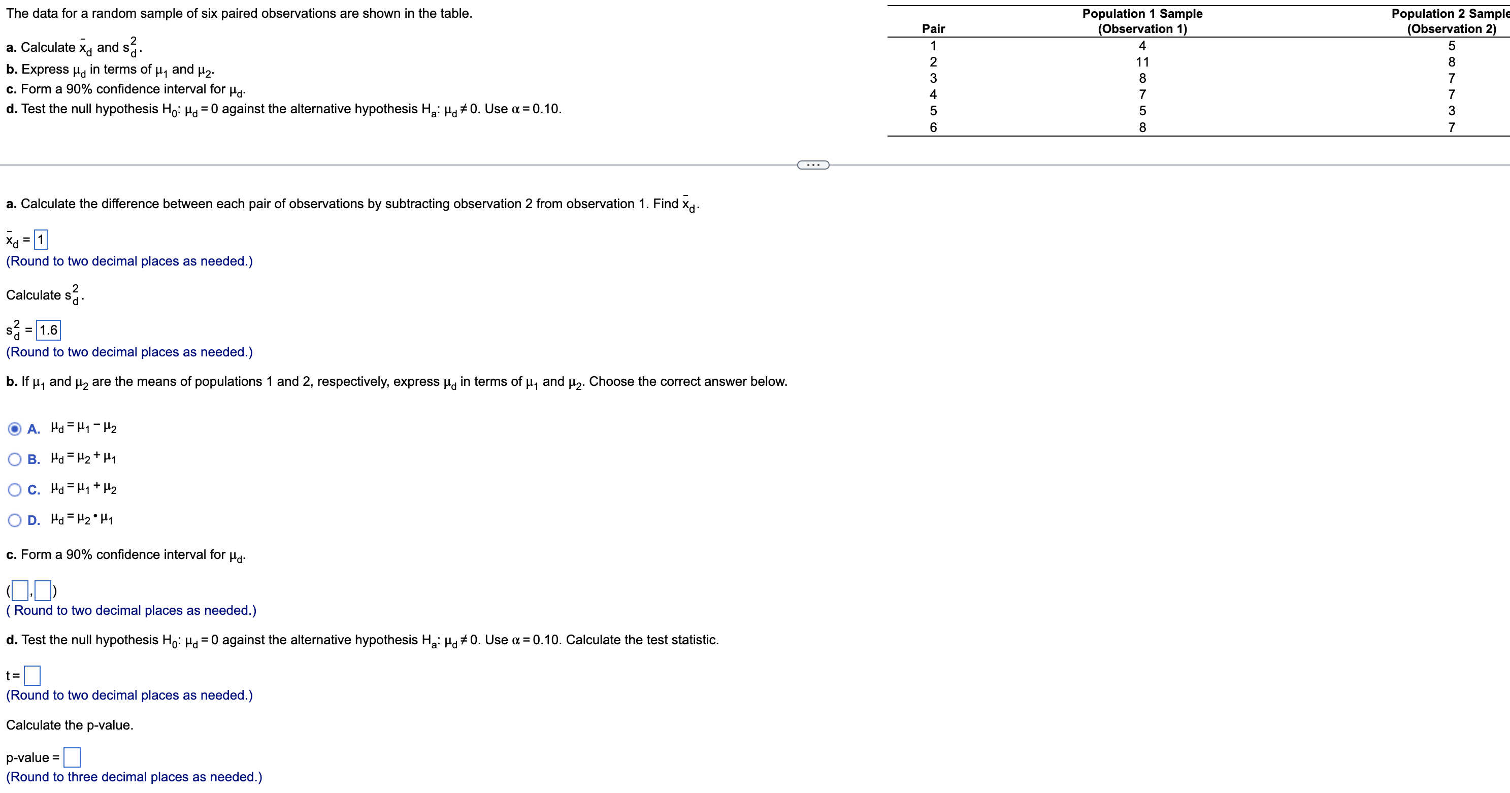 Solved The data for a random sample of six paired | Chegg.com