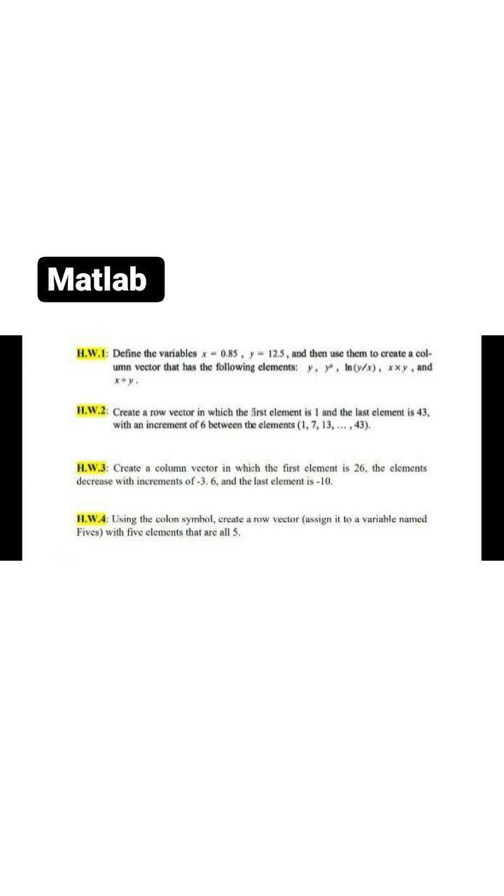 Solved Matlab H.W.1: Define the variables x -0.85 - 12.5, | Chegg.com