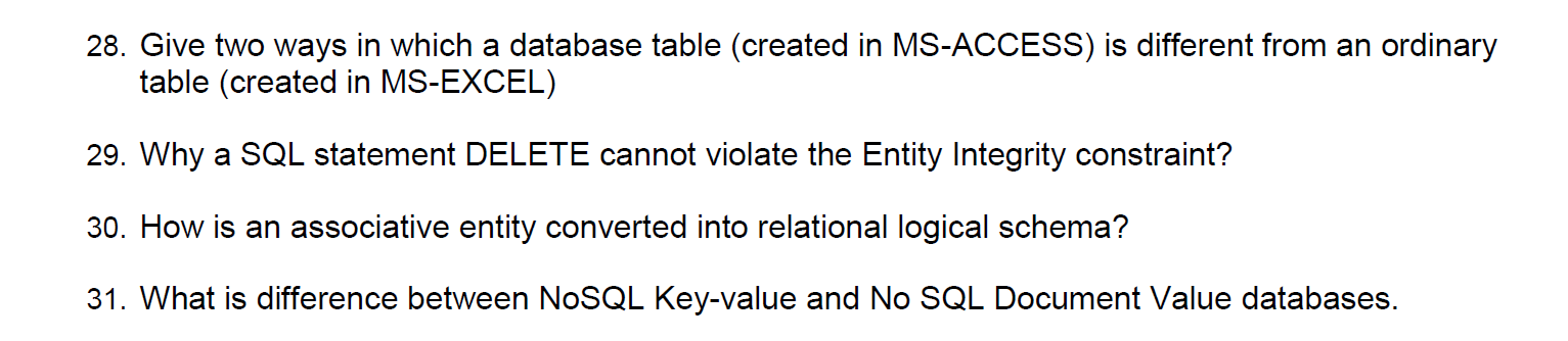 28. Give two ways in which a database table (created | Chegg.com