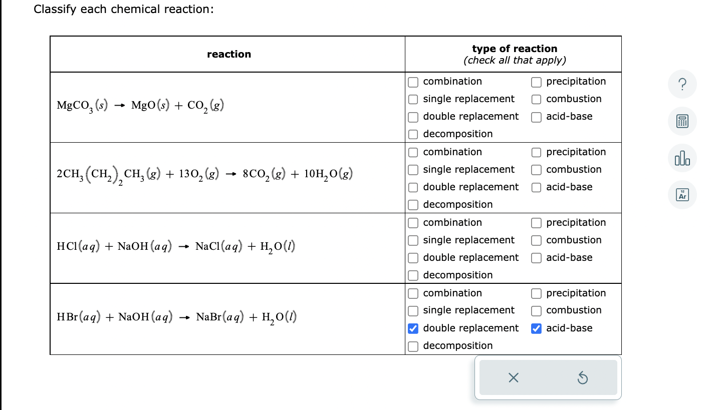 Solved Classify Each Chemical Reaction
