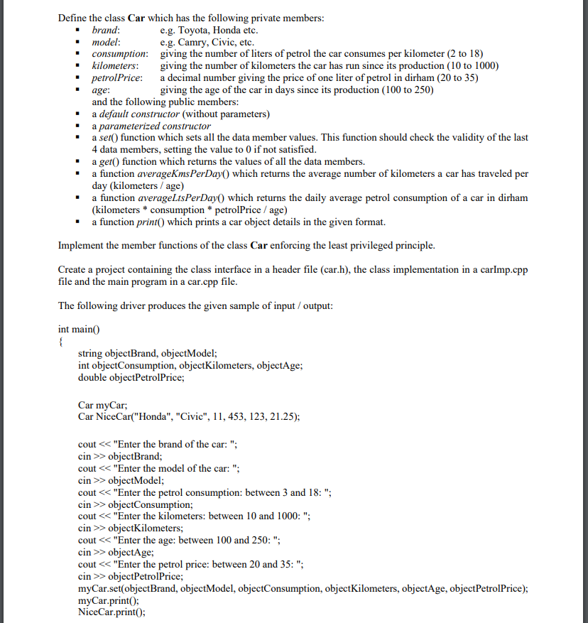 Solved Define the class Car which has the following private | Chegg.com