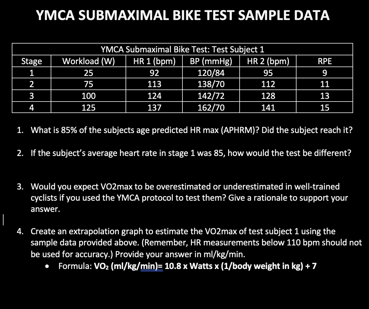 Ymca Submaximal Bike Test Sample Data 1 What Is 85