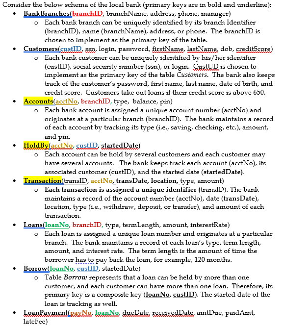 Solved Consider the below schema of the local bank (primary | Chegg.com