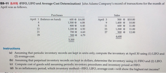 Solved E8-11 (LO3) (FIFO, LIFO and Average-Cost | Chegg.com