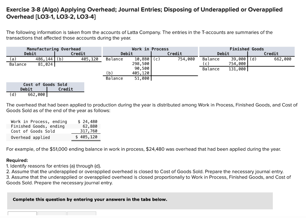Solved Exercise 3-8 (Algo) Applying Overhead; Journal | Chegg.com