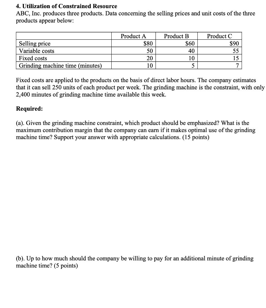 Solved 4. Utilization of Constrained Resource ABC, Inc. | Chegg.com