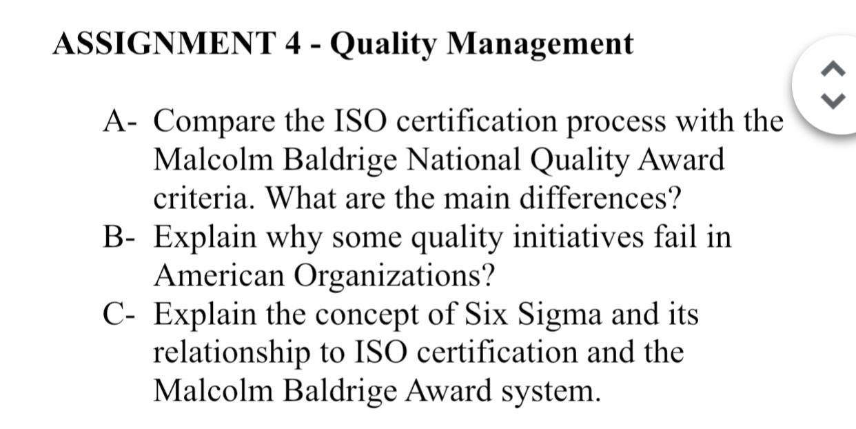 Solved ASSIGNMENT 4 - Quality Management A- Compare the ISO | Chegg.com