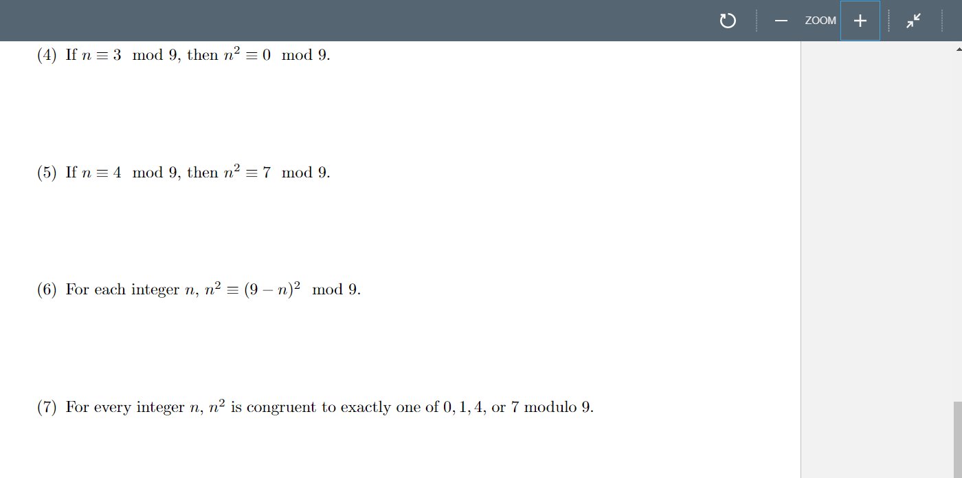 Solved ZOOM (4) If n = 3 mod 9, then n2 = 0 mod 9. (5) If n | Chegg.com