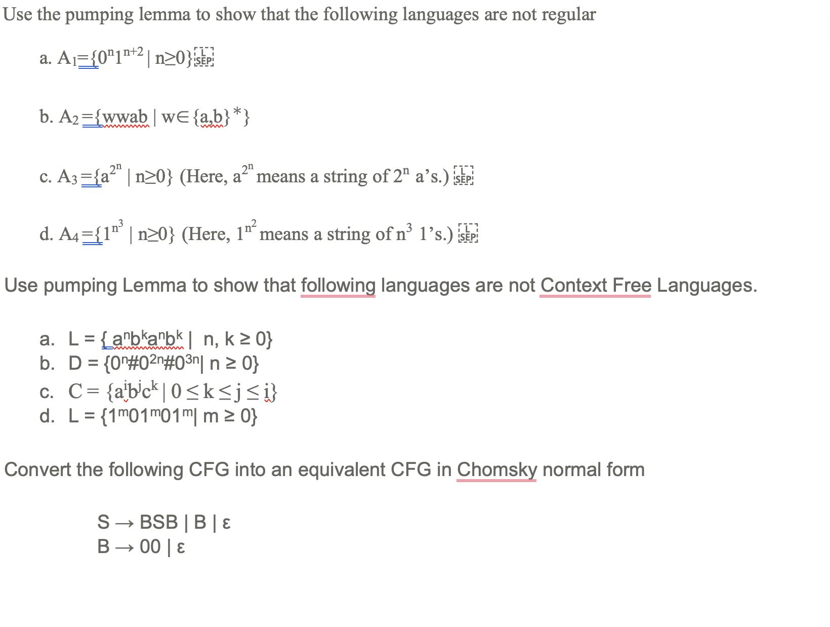 a. A1={0n1n+2∣n≥0}}ssepe b. A2={wwab∣w∈{a,b}∗} c. | Chegg.com