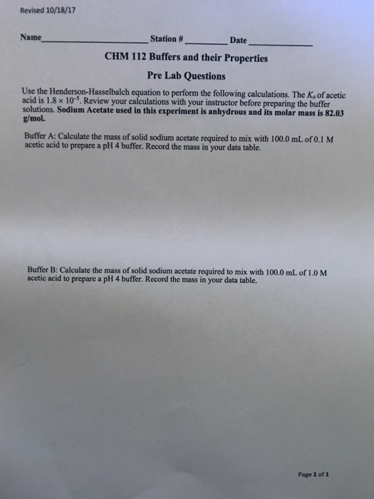 Solved Revised 10/18/17 Name Station # Date CHM 112 Buffers | Chegg.com