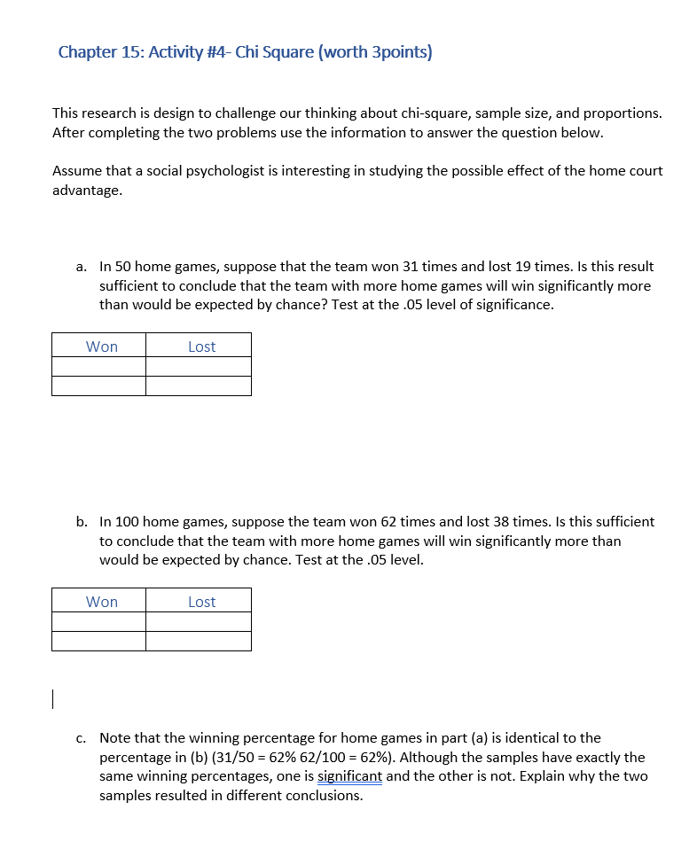Solved Chapter 15: Activity #4- Chi Square (worth 3points) | Chegg.com