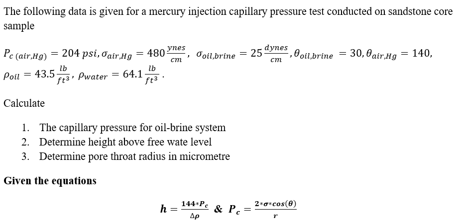 Solved The following data is ﻿given for a mercury injection | Chegg.com
