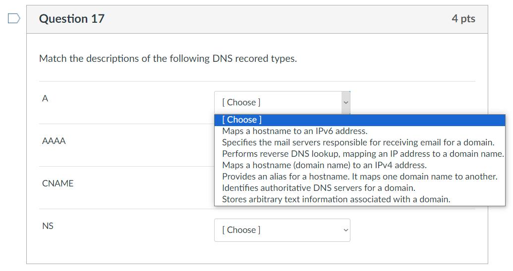 Solved Match the descriptions of the following DNS recored | Chegg.com