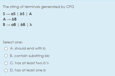Solved The string of terminals generated by CFG $-as | SA А | Chegg.com