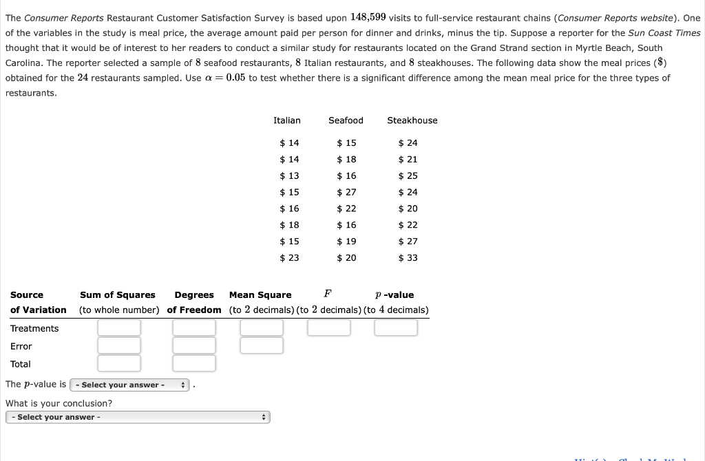 Solved The Consumer Reports Restaurant Customer Satisfaction | Chegg.com