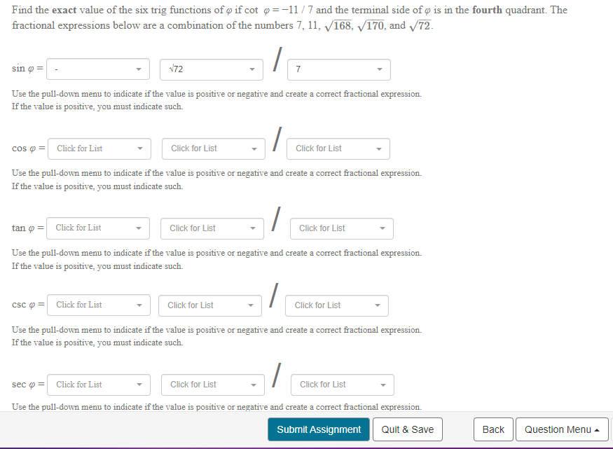 Solved Find the exact value of the six trig functions of ø | Chegg.com