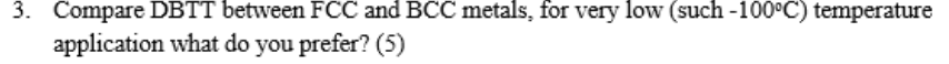Solved 3. Compare DBTT between FCC and BCC metals, for very | Chegg.com