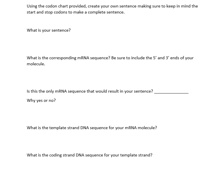 Solved Using the codon chart provided, create your own | Chegg.com