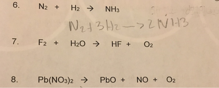 Solved 6. 7, F2 + H2O → HF + O2 8. Pb(NO3)2→ PbO+ NO+Oz | Chegg.com
