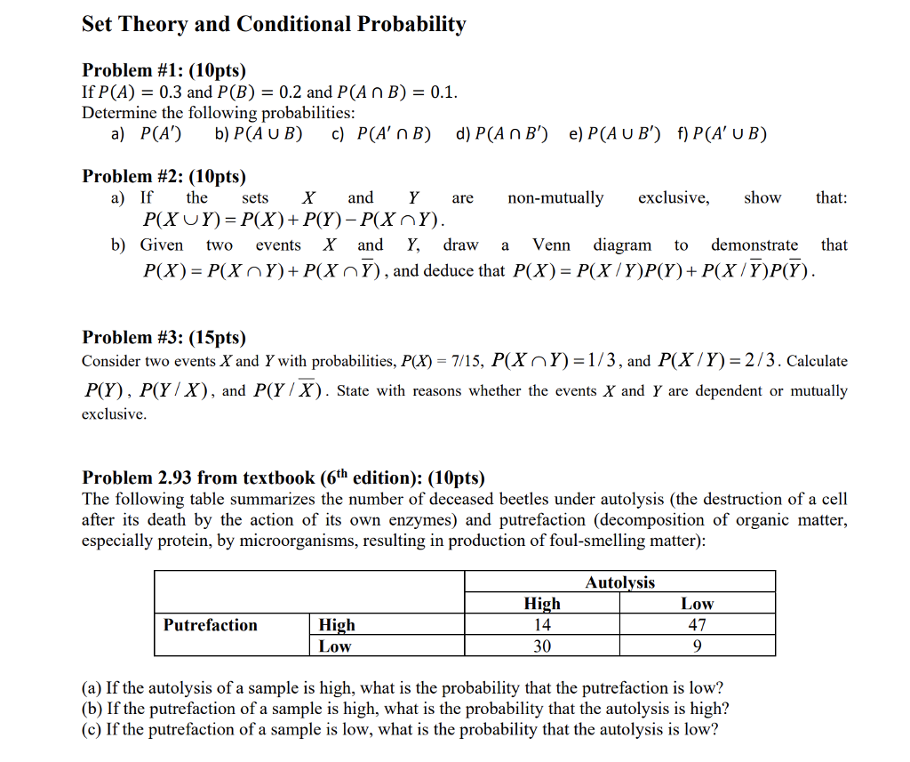 Solved Set Theory and Conditional Probability Problem #1 : | Chegg.com