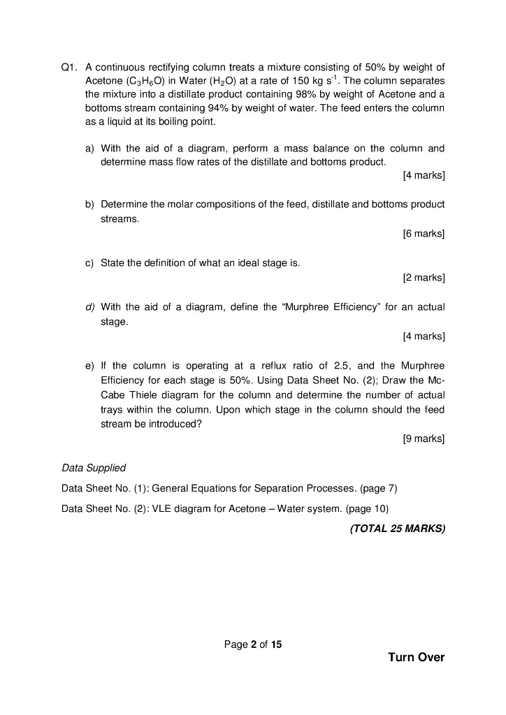 Q1. A continuous rectifying column treats a mixture | Chegg.com