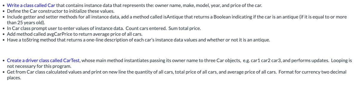 Solved • Write a class called Car that contains instance | Chegg.com