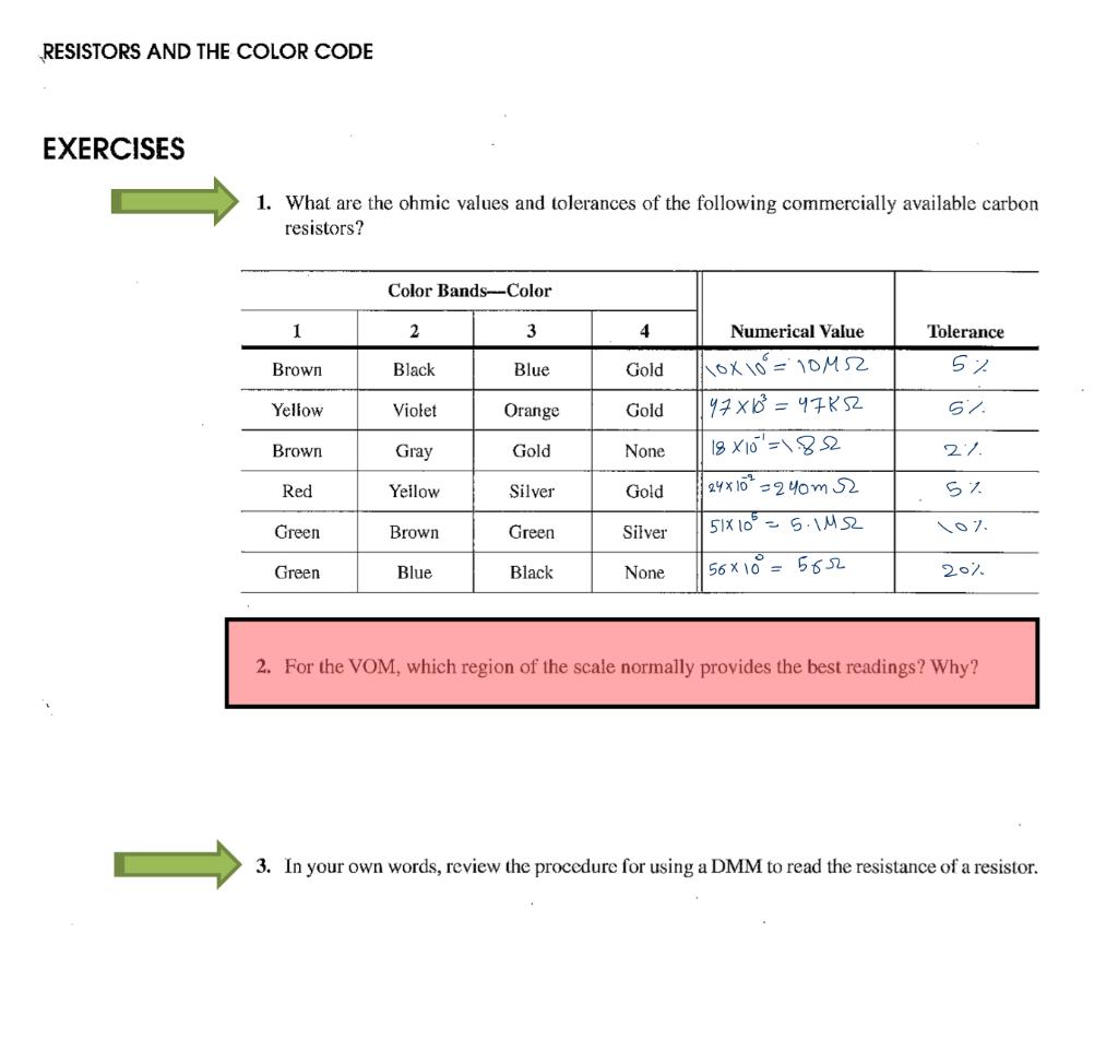 Solved RESISTORS AND THE COLOR CODE EXERCISES 1. What are | Chegg.com