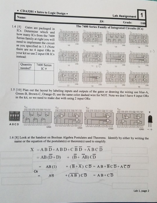 Solved CDA3201 Intro to Logic Design 1 Lab Assignment Name: | Chegg.com