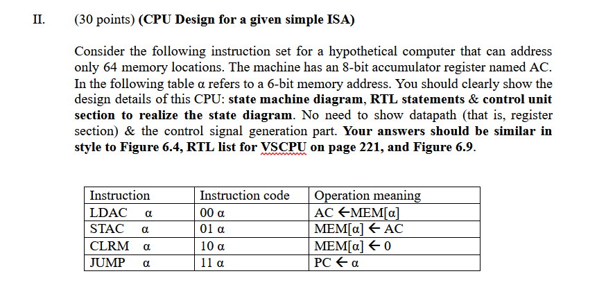 II. (30 points) (CPU Design for a given simple ISA) | Chegg.com