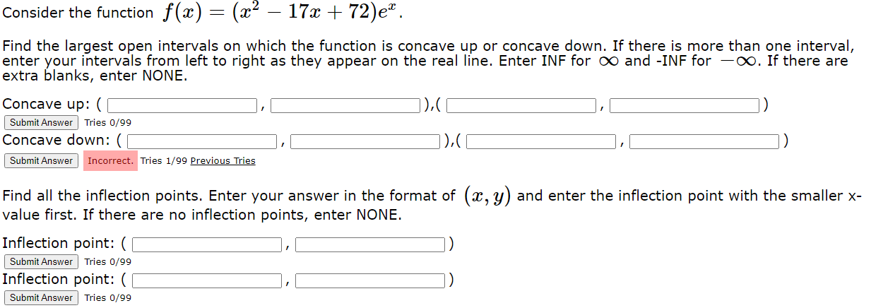 Solved Consider the function f(x)=(x2−17x+72)ex. Find the | Chegg.com
