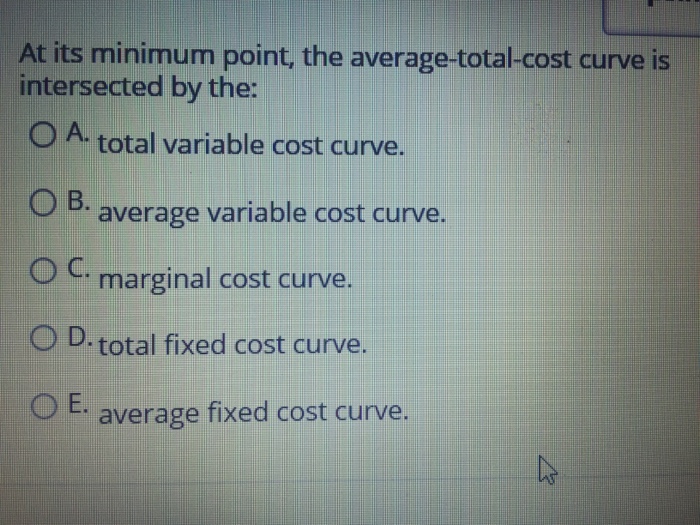 Solved At its minimum point, the average-total-cost curve is | Chegg.com