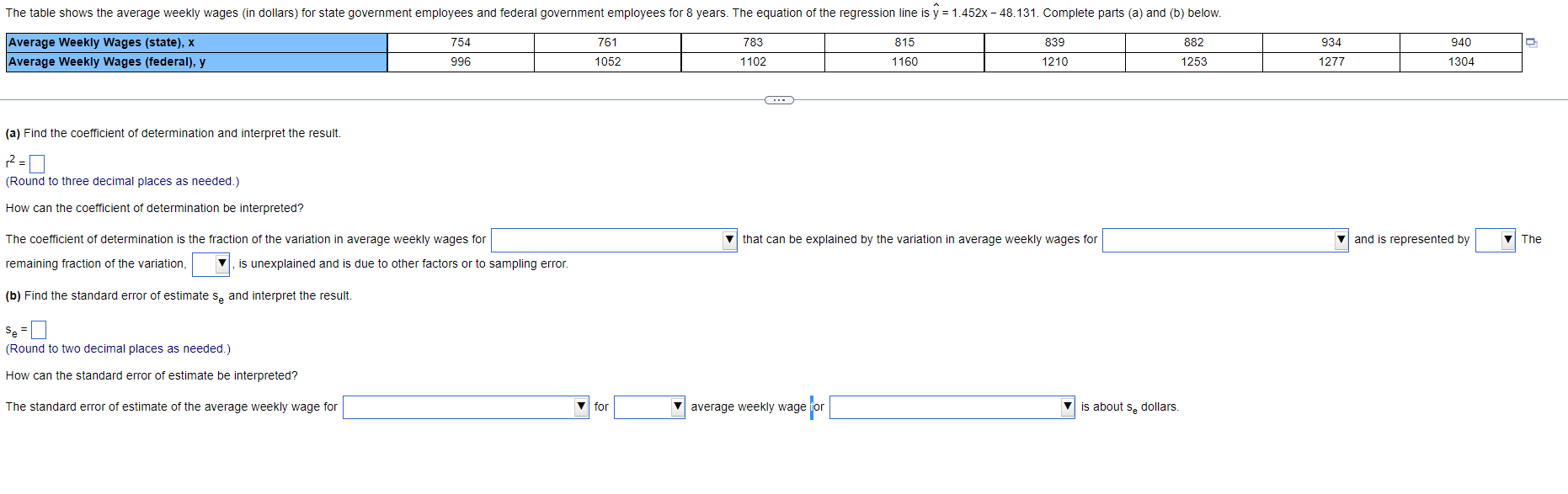 Solved The table shows the average weekly wages in dollars) | Chegg.com