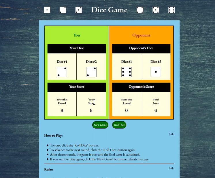 Solved DICE GAME REQUIREMENTSCreate a dice game where a user | Chegg.com