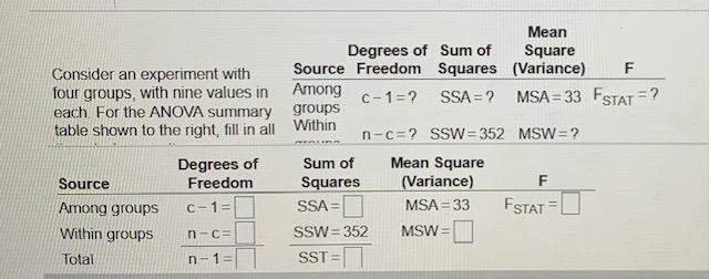 Solved Mean Degrees of Sum of Square Consider an experiment | Chegg.com