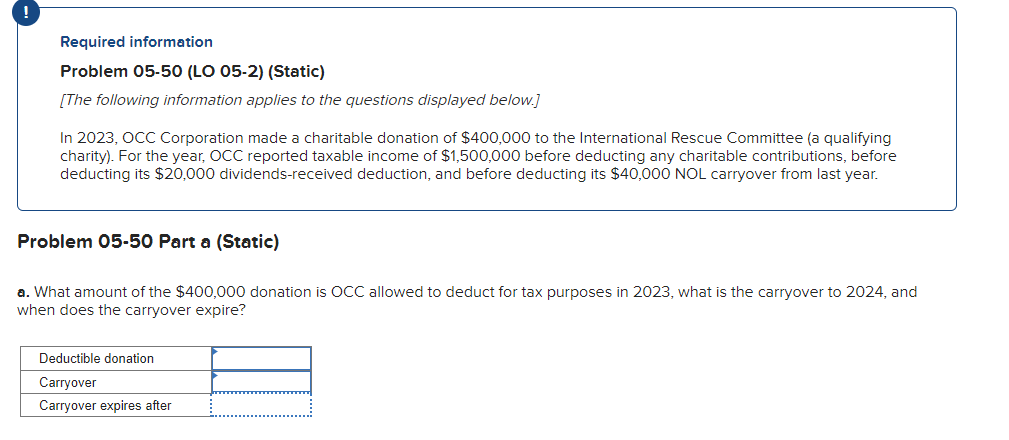 Solved Required information Problem 05-50 (LO 05-2) (Static) | Chegg.com