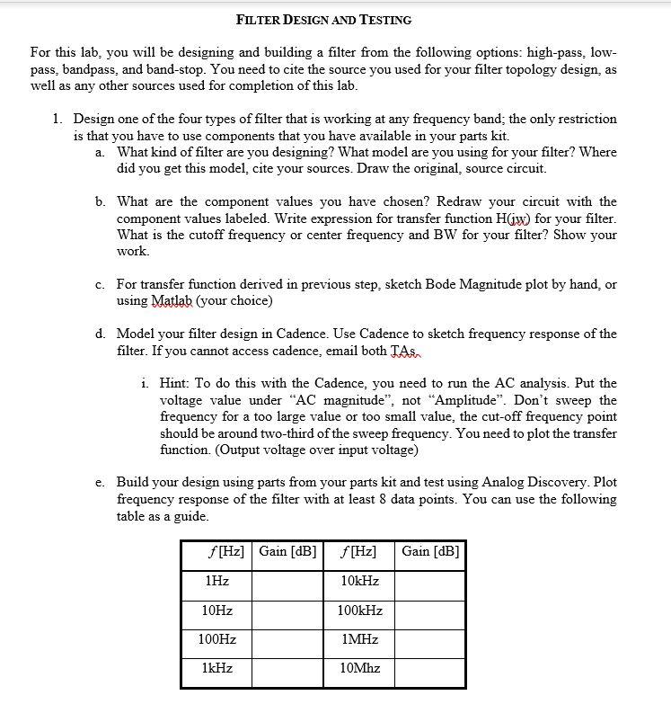 Solved FILTER DESIGN AND TESTING lab, you will be designing | Chegg.com