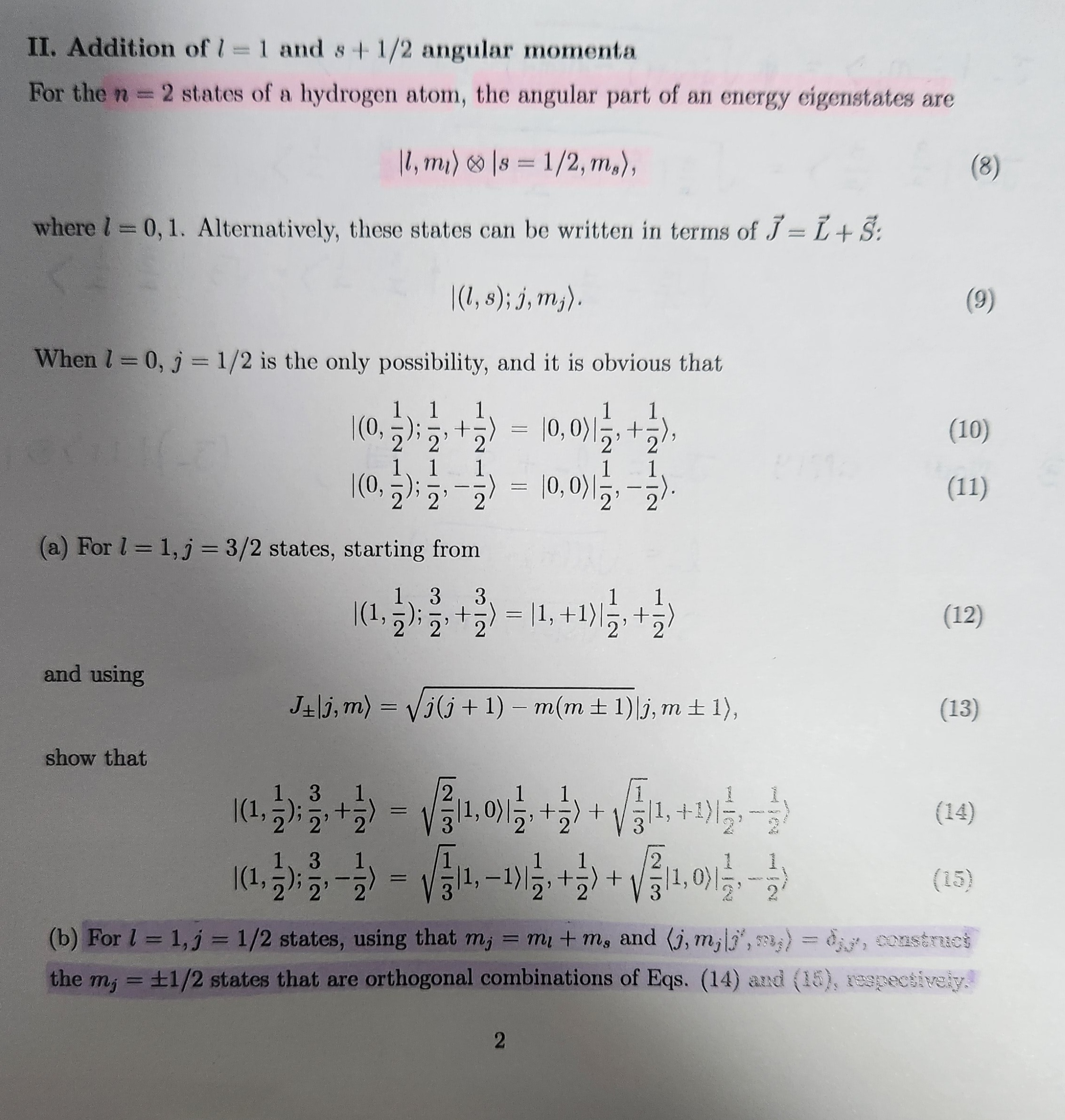 Solved II. Addition of l=1 and s+1/2 angular momenta For the | Chegg.com