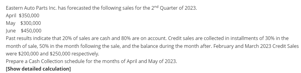 Eastern Auto Parts Inc. has forecasted the following | Chegg.com