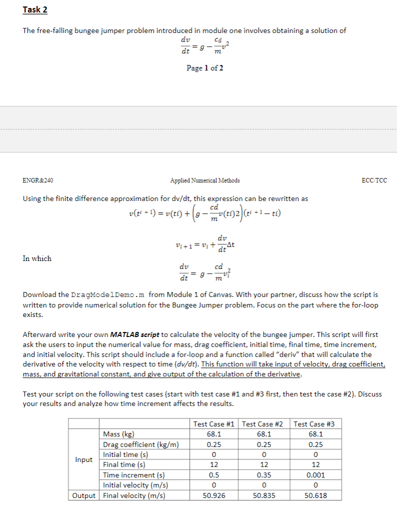 Solved Task 2 The free-falling bungee jumper problem | Chegg.com