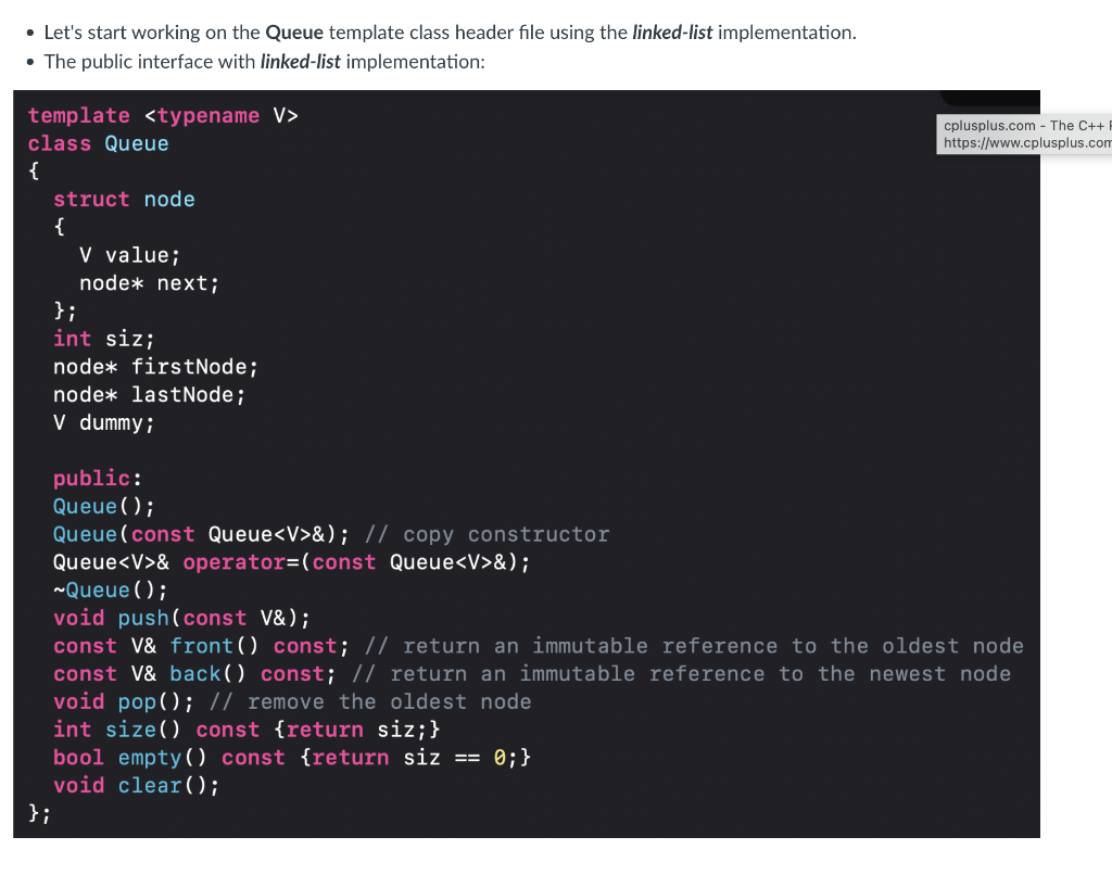 Solved - Let's start working on the Queue template class | Chegg.com