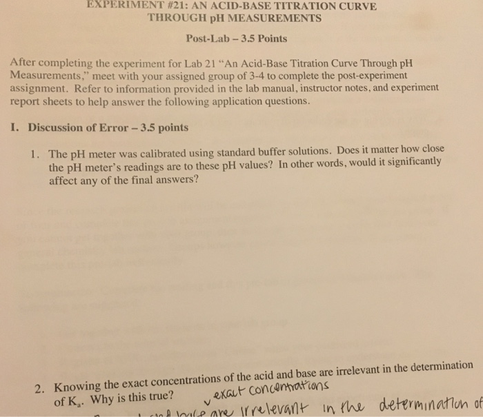 Solved EXPERIMENT #21: AN ACID-BASE TITRATION CURVE THROUGH | Chegg.com