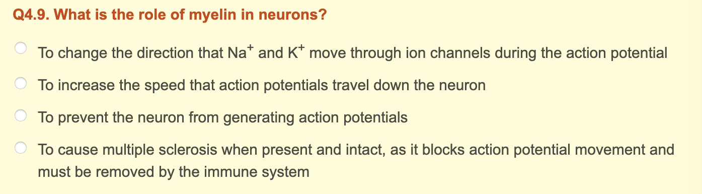 Solved Q4.9. What is the role of myelin in neurons? To | Chegg.com