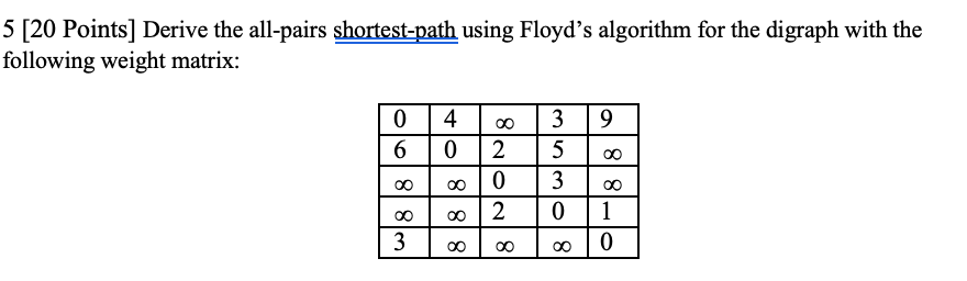 Solved 5 [20 Points) Derive the all-pairs shortest-path | Chegg.com Solved 5 [20 Points) Derive the all-pairs shortest-path | Chegg.com