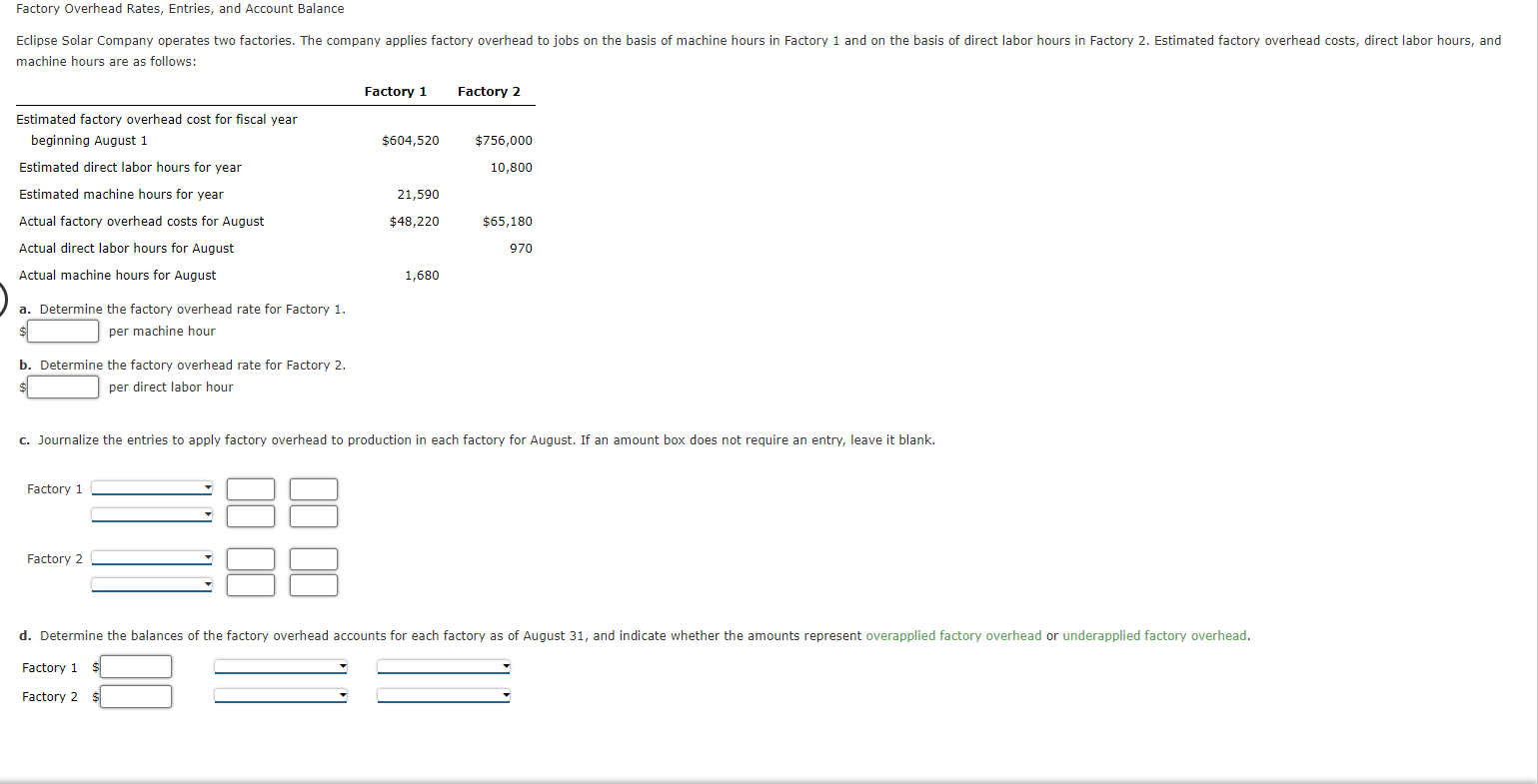 Solved b. Determine the factory overhead rate for Factory 2. | Chegg.com Solved b. Determine the factory overhead rate for Factory 2. | Chegg.com