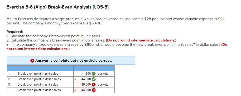 Solved Exercise 5-6 (Algo) Break-Even Analysis (LO5-5] Mauro | Chegg.com