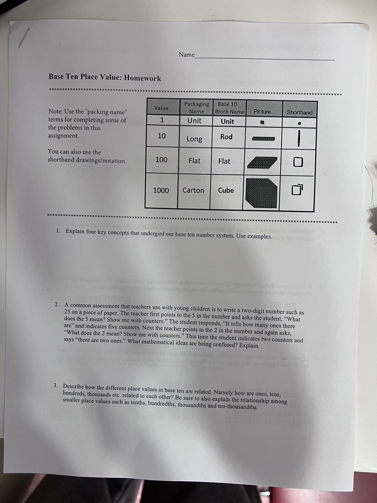 Solved Base Ten Place Value: HomeworkNote: Use the "packing | Chegg.com