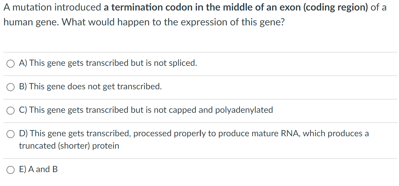 Solved A mutation introduced a termination codon in the | Chegg.com